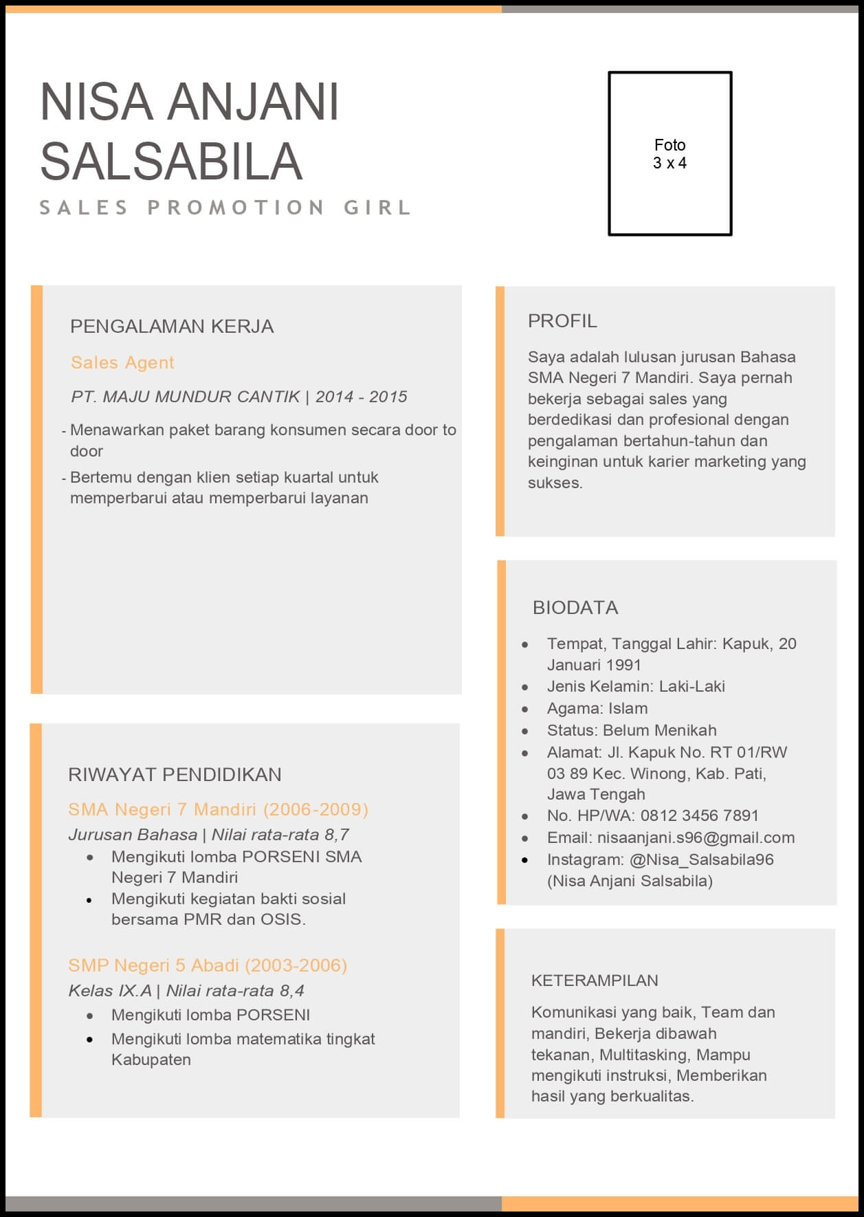 Contoh Curriculum Vitae (CV) Untuk Sales Promotion Girl (SPG) Dan Sales ...