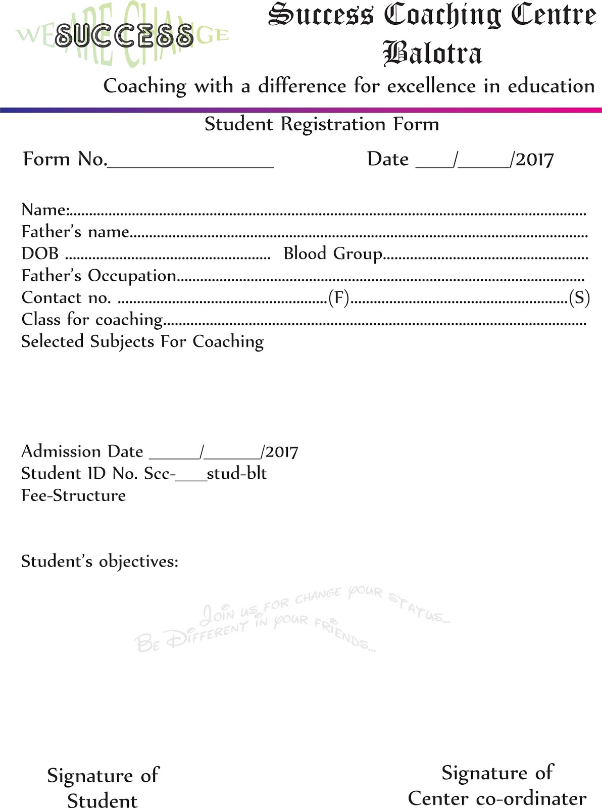 Success Coaching Centre, Balotra (official site): Registration form 2017