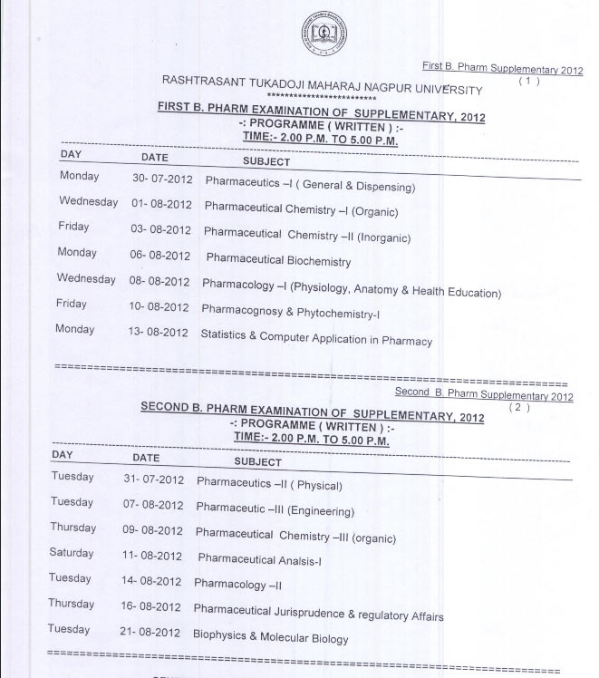 First B.Pharm Winter 2012 Time table RTMNU | Nagpur University Winter ...