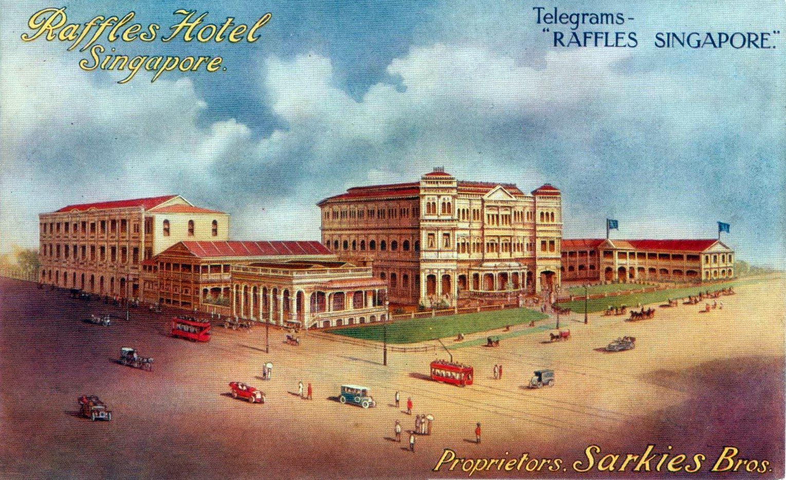 transpress nz: traffic outside the Raffles Hotel, Singapore, circa 1930