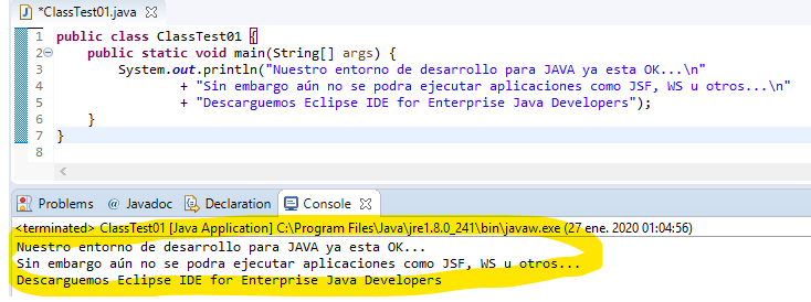 Ejecución de prueba de un programa Java