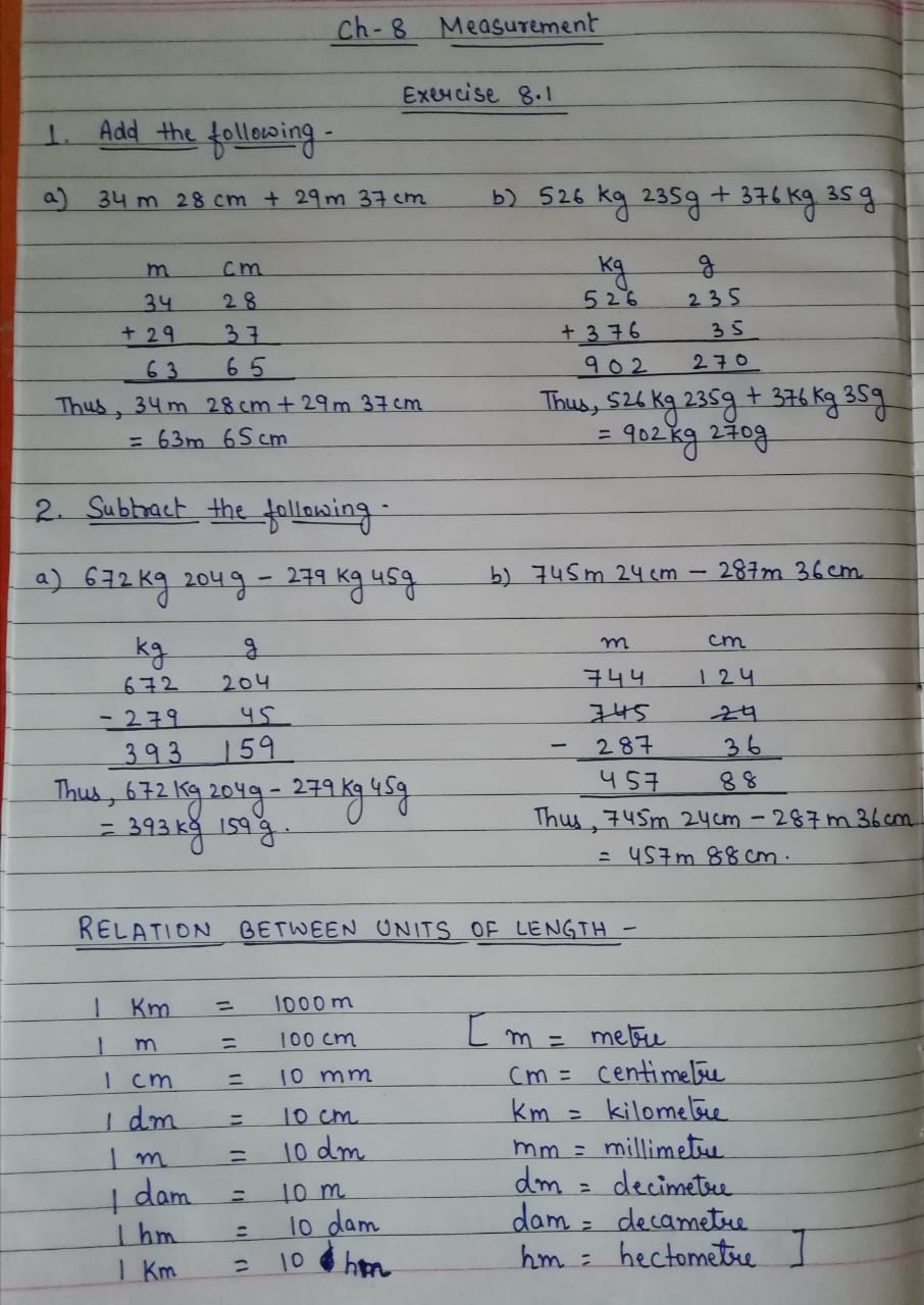 Grade 5 Maths Ch 8 Measurement Notebook work (Ex- 8.1 and Ex 8.2)