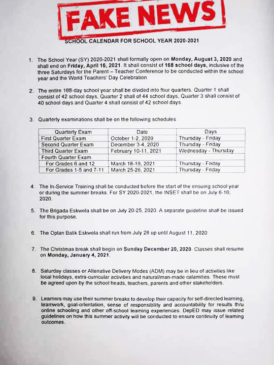 FAKE NEWS: School Calendar for SY 2020-2021 - Teachers Click