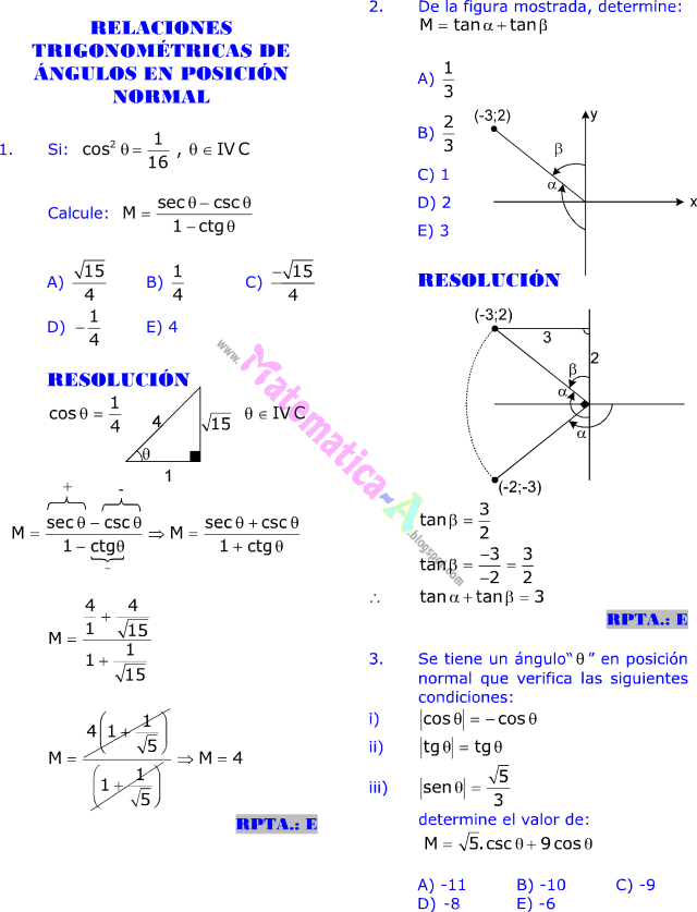 RELACIONES TRIGONOMÉTRICAS DE ÁNGULOS EN POSICIÓN NORMAL EJERCICIOS ...
