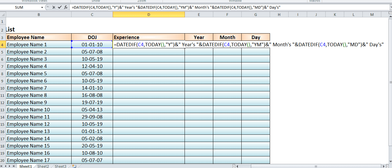 Excel To Calculate Age Datedif Formula Calculate Experience And Age In Excel One Line Formula