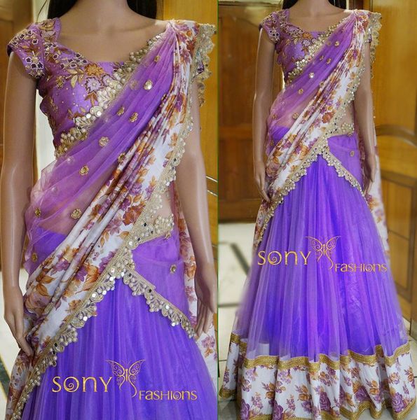 Violet Color Floral Half Sari - Saree Blouse Patterns