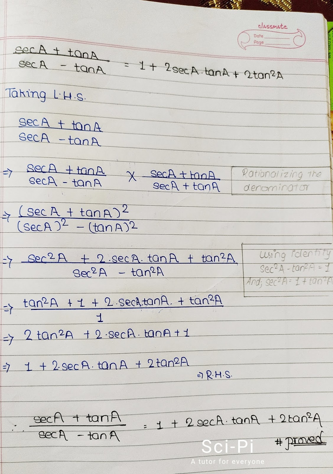 (secA + tanA) / (secA - tanA) = 1 + 2 secA tanA + 2 tan^2 A | Prove ...