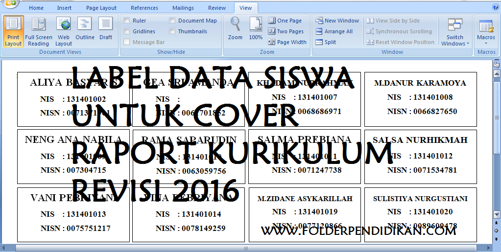 Format Label Data Siswa untuk Cover Raport Kurikulum 2013
