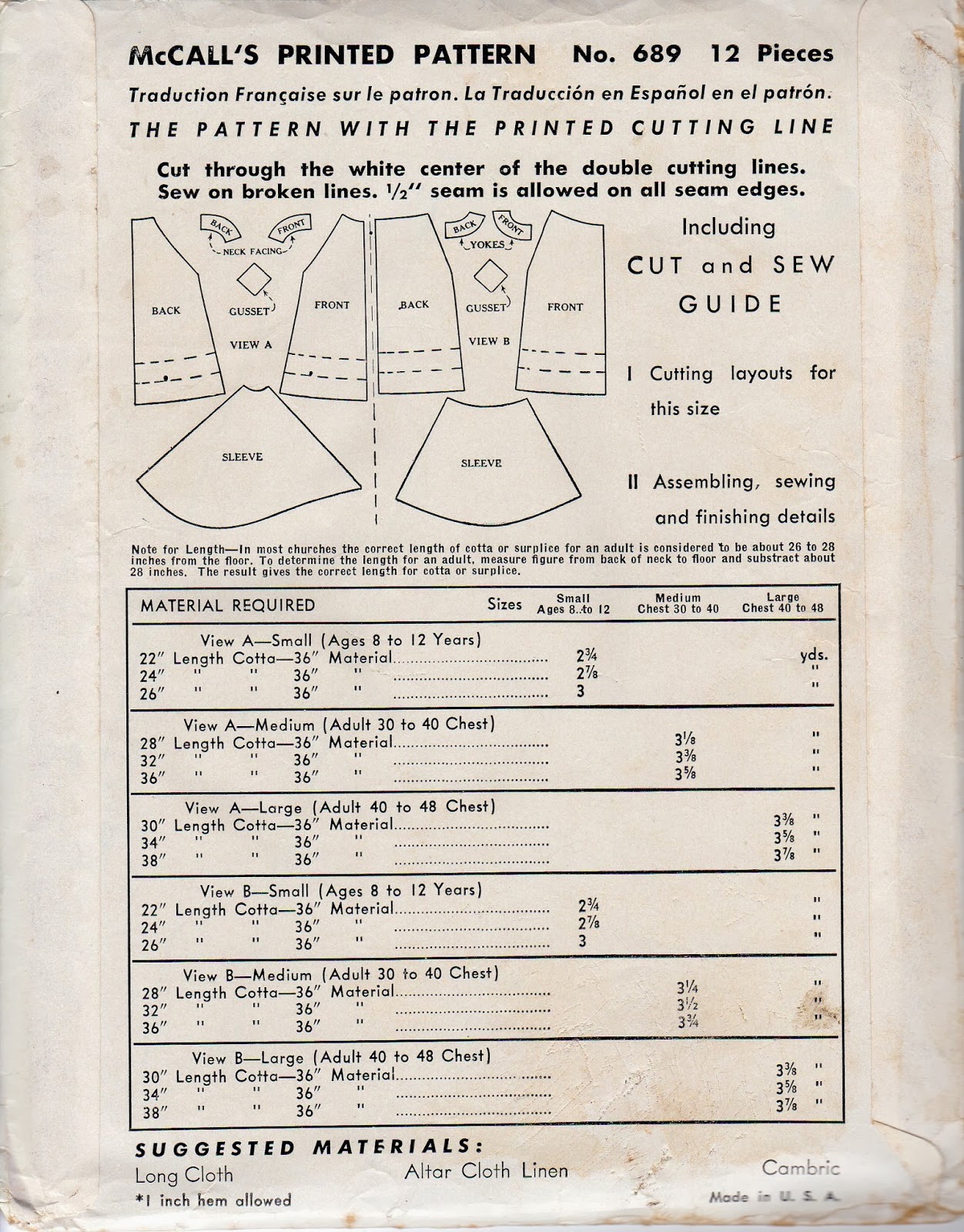 Unsung Sewing Patterns: McCall's 689 - Choir Cottas or Surplices