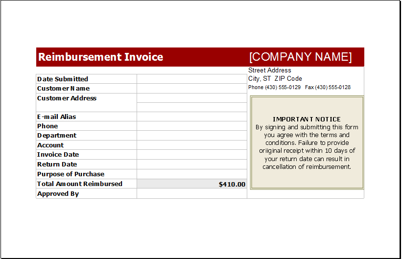 Reimbursement Invoice Sample - Invoice Template