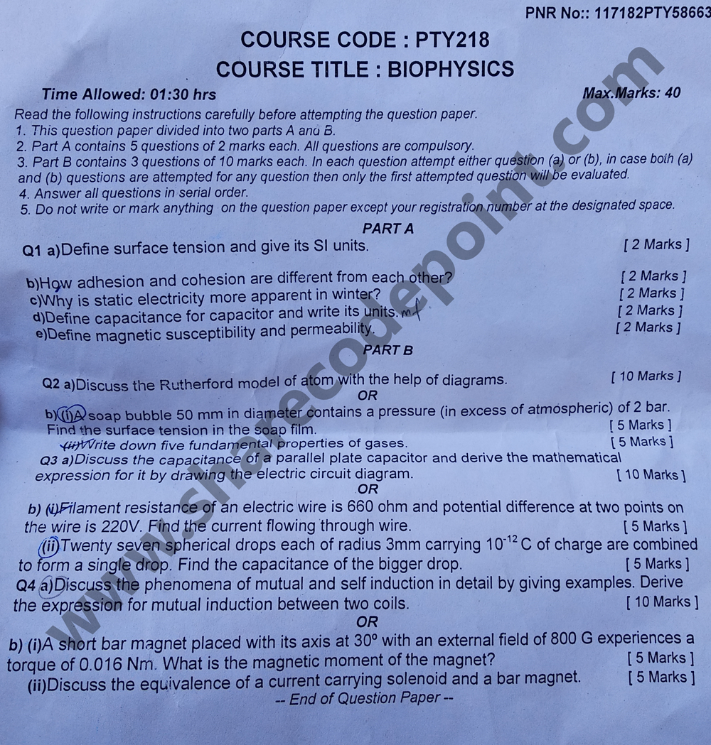 PTY218 : Biophysics Mid Term Exam Question Paper - PTY 218 - Lpu Question Paper