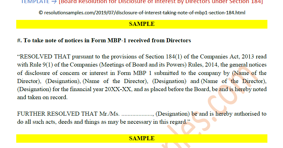Board Resolution for MBP-1 Disclosure of Interest by Directors