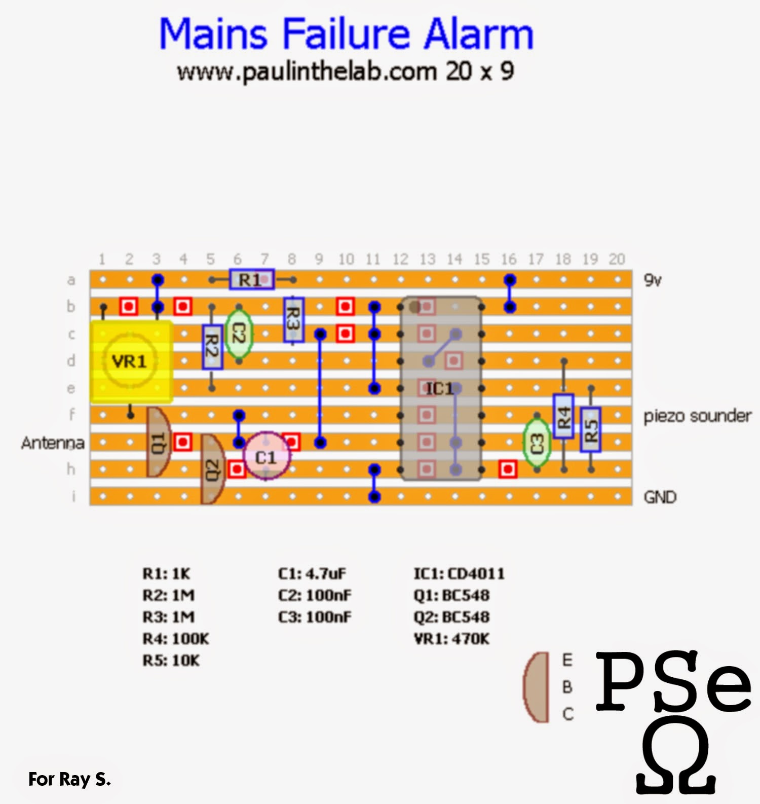 Paul In The Lab: Mains Failure Alarm Stripboard Layout