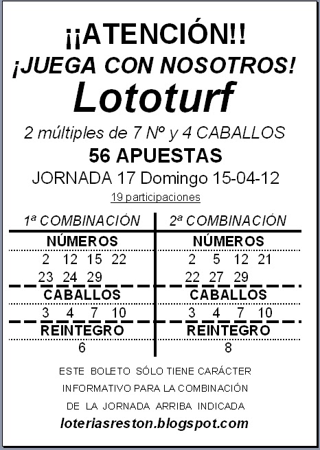 Tu Lotería en El Restón: Combinación de LOTOTURF de la Jornada 17 del ...