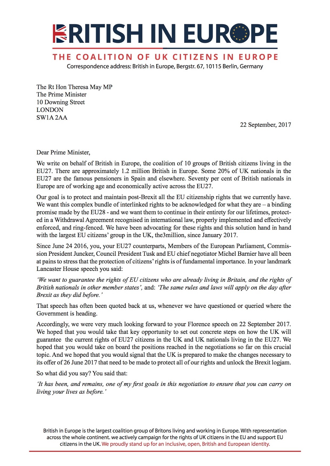 EuroCitizens: BRITISH IN EUROPE LETTER TO THERESA MAY AFTER FLORENCE SPEECH