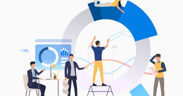 kartun animasi bisnis tim kerja bersama dan analisis data untuk landing ...