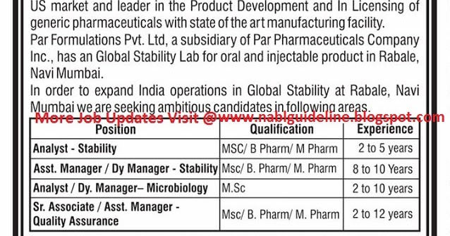 NABL GUIDELINES: PAR Formulations Pvt. Ltd - Walk-In Interviews on 6th January 2019 for ...