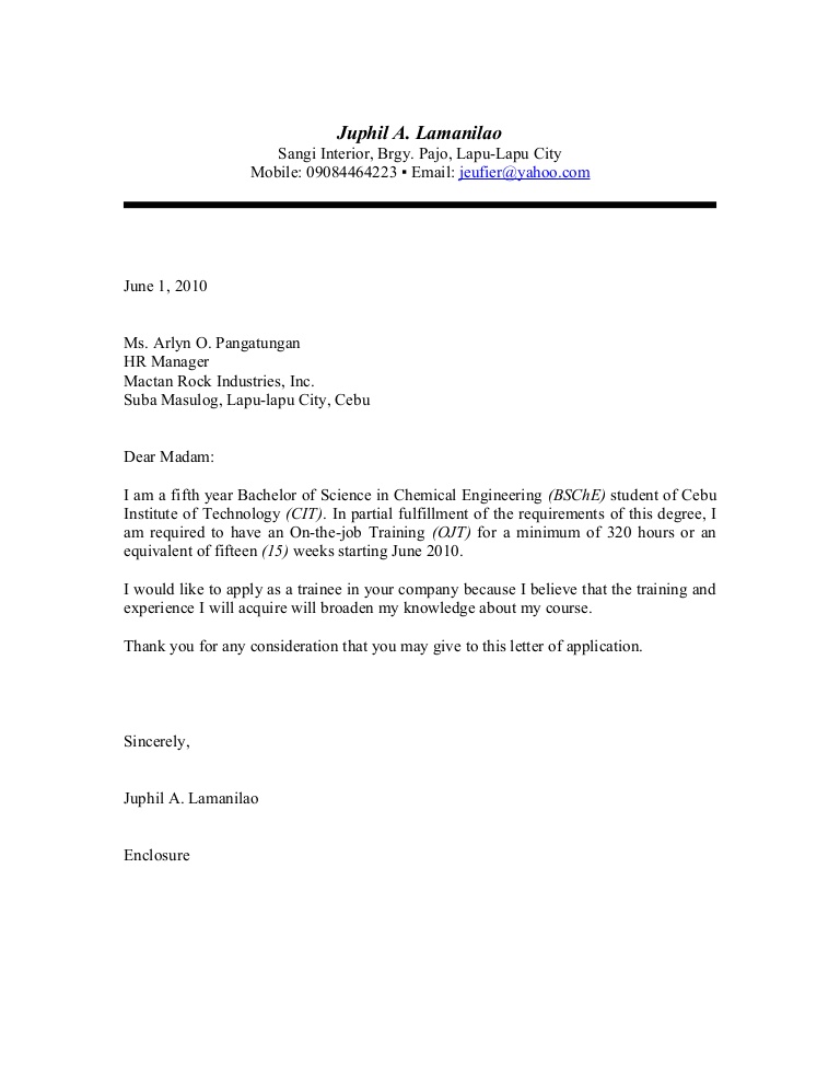 Sample Application Letter For Ojt - Formal Letter