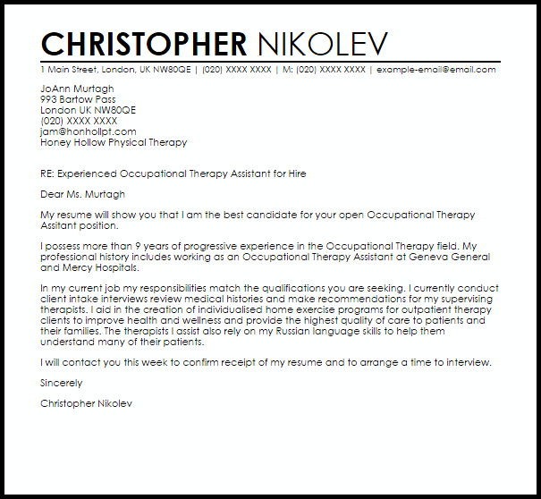 Occupational Therapy Cover Letter ~ Resume Letter