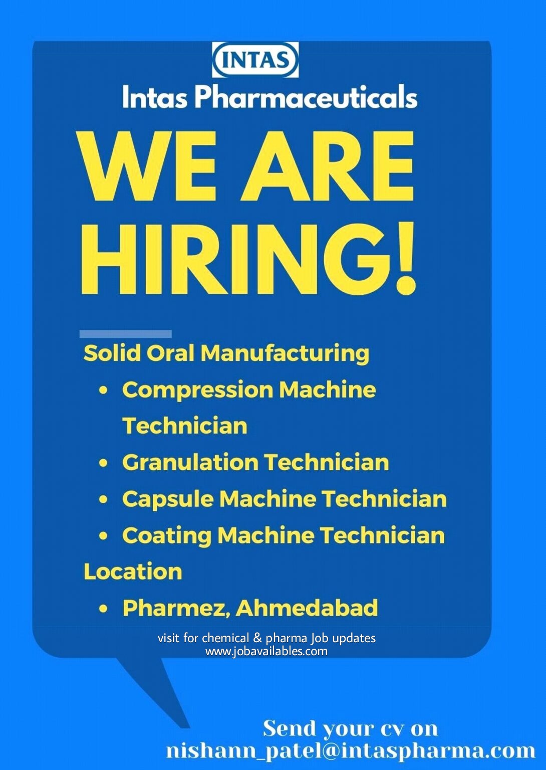 Intas Pharmaceuticals Ltd Job Opening For Manufacturing Department
