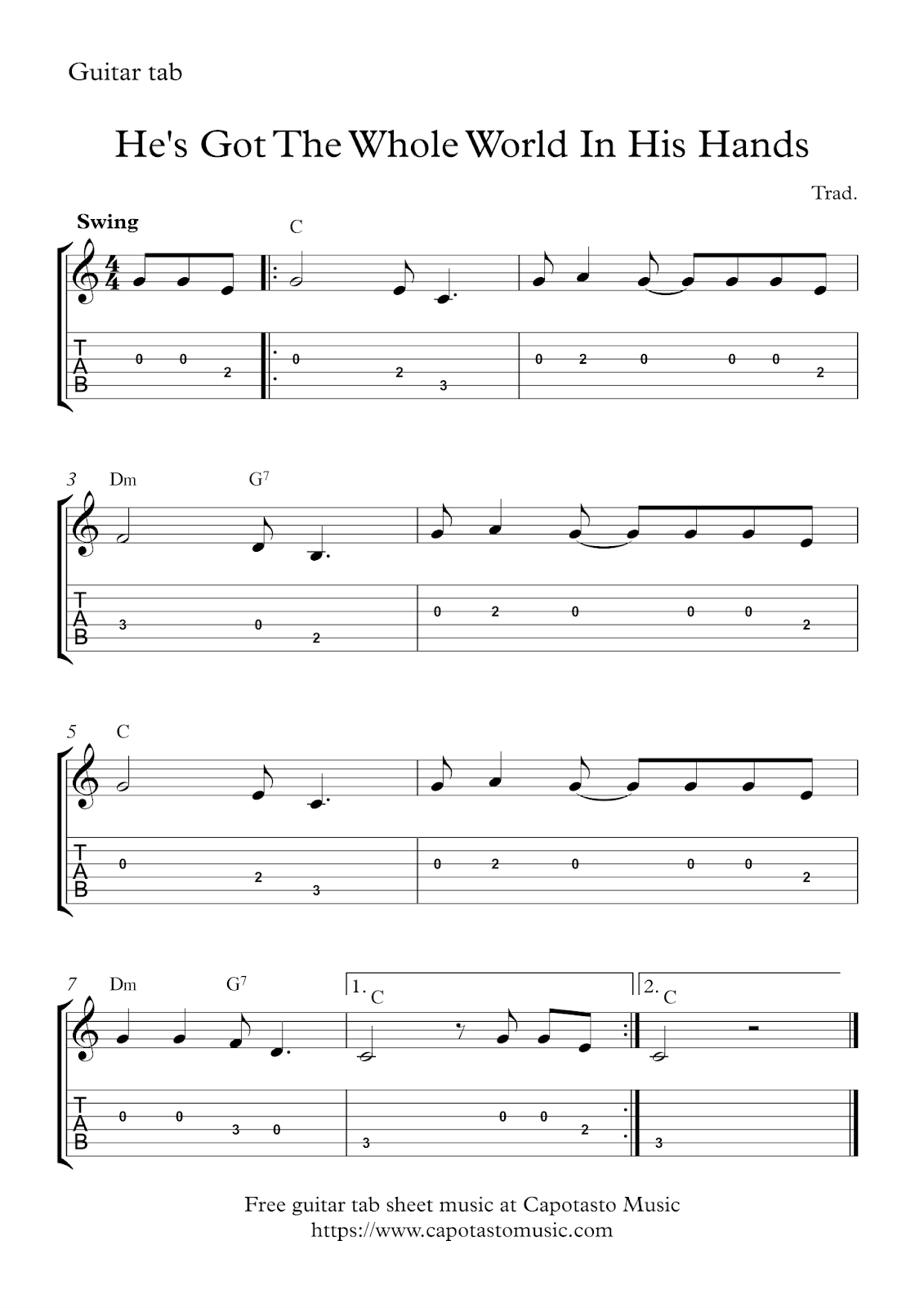Free easy guitar tab sheet music | He's Got The Whole World In His Hands