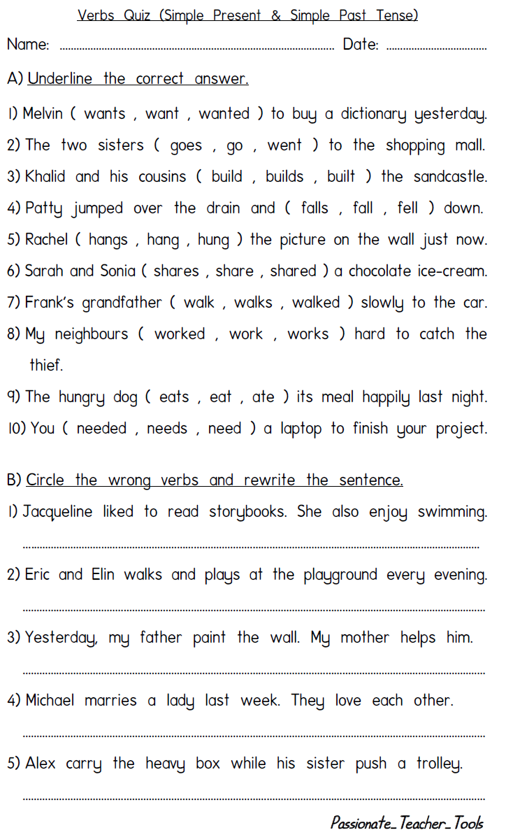 Passionate Teacher Tools: Verbs Quiz 1 (With Answers)