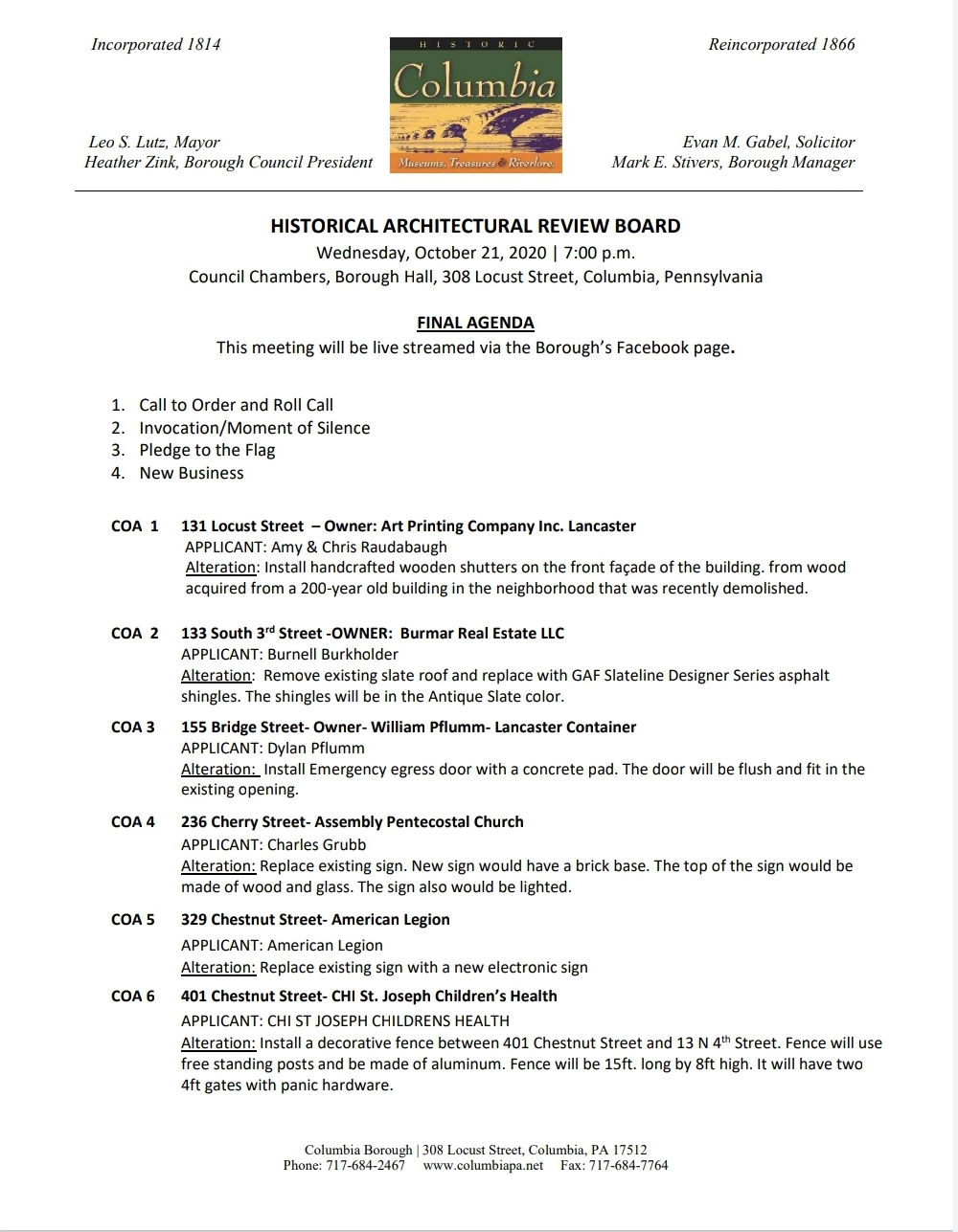 Agenda – HARB Meeting – October 21, 2020 – Columbia Spy