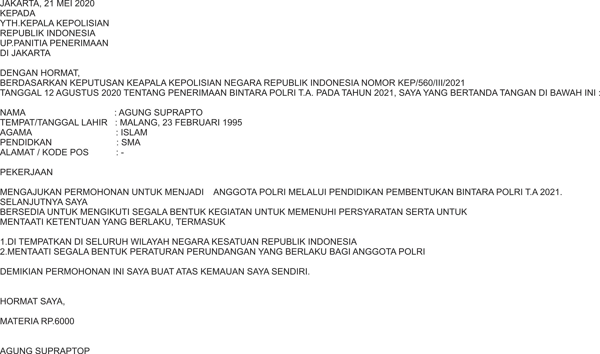 Contoh Surat Permohonan Menjadi Anggota Polri BINTARA 2021 - Lokerjapati