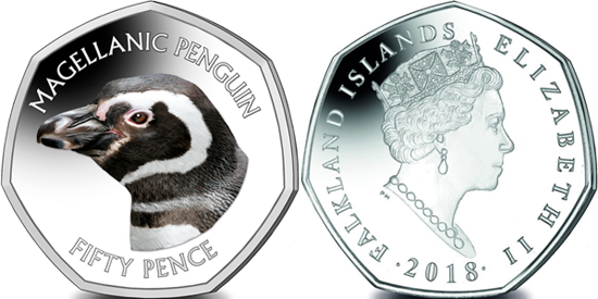 World Coin News: Falkland Islands 50 pence 2018 - Magellanic Penguin