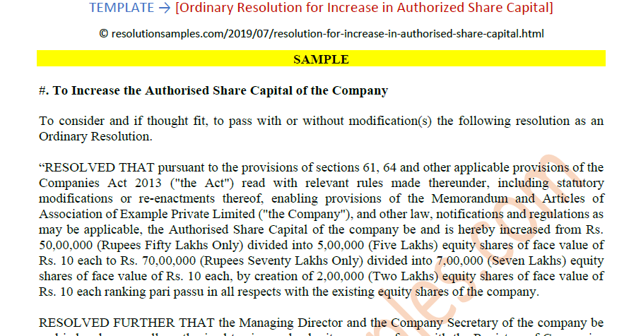 Shareholders Resolution - Increase in Authorised Share Capital