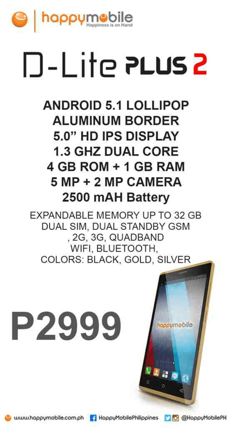 Happy Mobile D-Lite Plus 2 Announced! 5 HD Inch Lollipop Phone With 1 ...