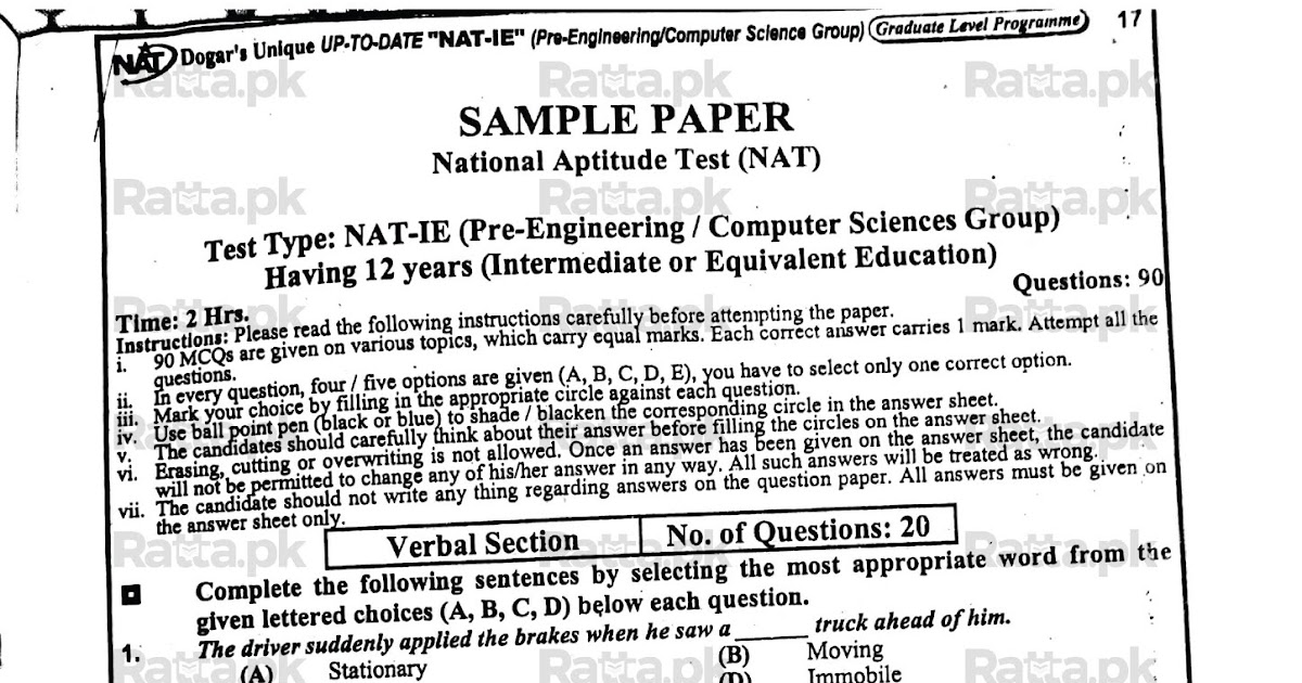 NAT-IE Sample Paper or Test 2018-2019 - Ratta.pk