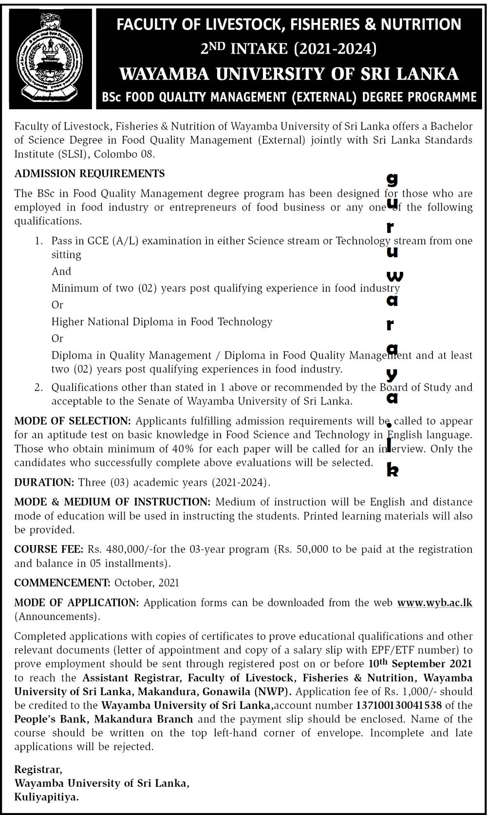 External Degree BSc Food Quality Management Wayamba University External Degree BSc Food Quality Management Wayamba University