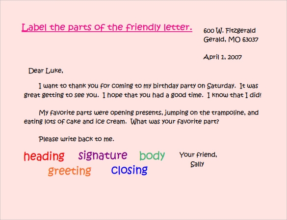 Friendly Letter Example For Kids ~ Thankyou Letter