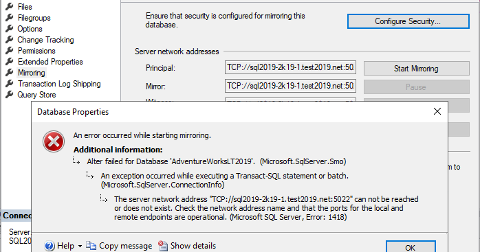 The server network address can not be reached or does not exist. (Microsoft SQL Server, Error: 1418)