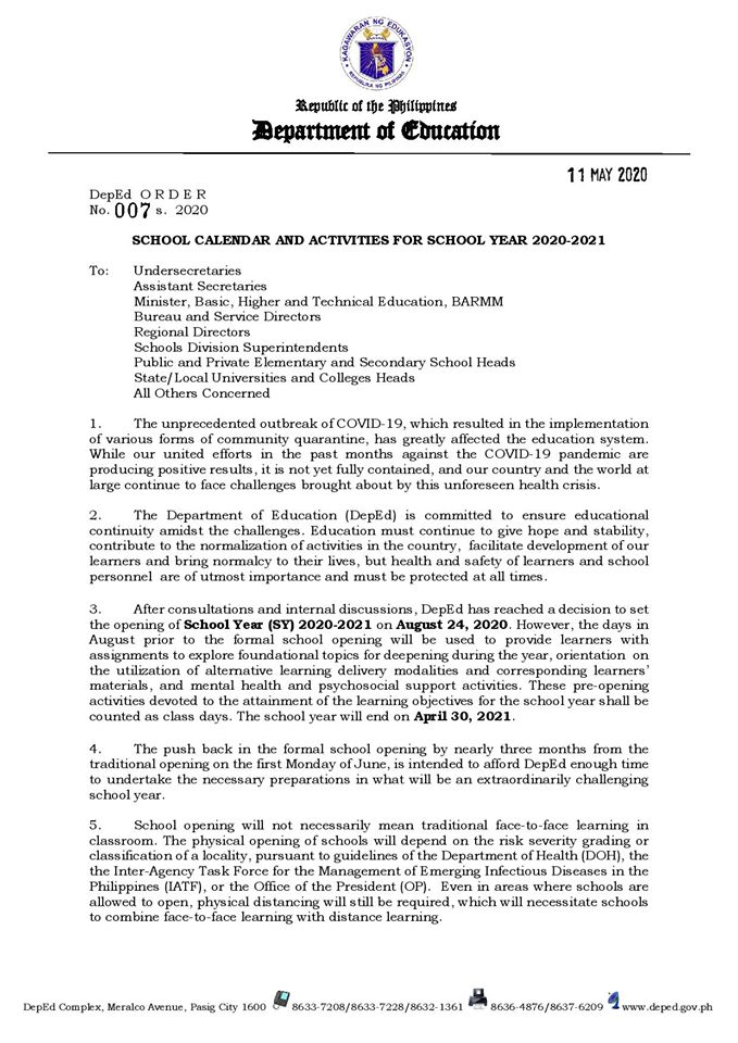 SCHOOL CALENDAR AND ACTIVITIES for School Year 2020-2021 - Teachers Click