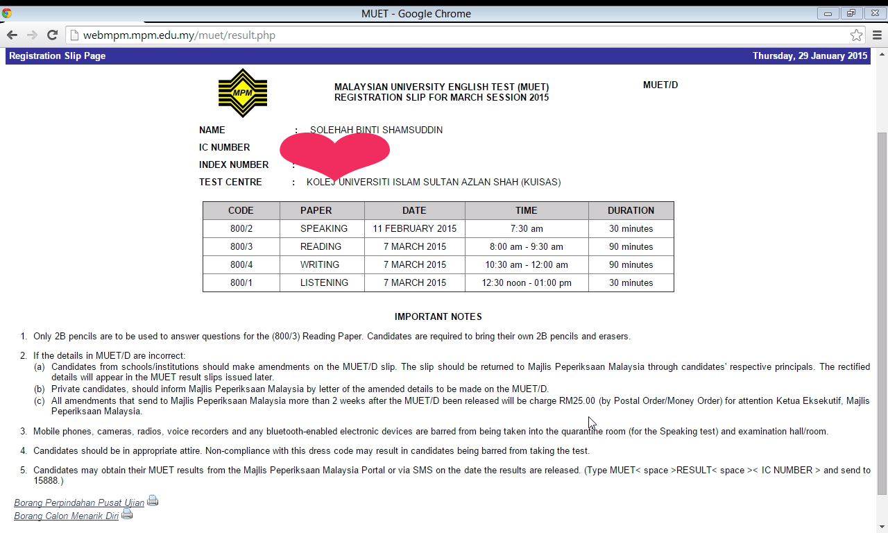 MALAYSIAN UNIVERSITY ENGLISH TEST (MUET) REGISTRATION SLIP FOR MARCH ...