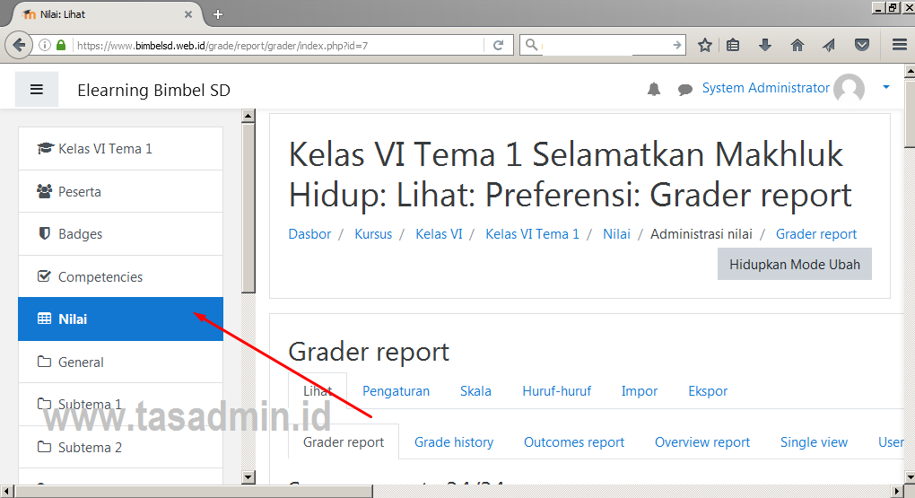 LANJUT MENAMPILKAN NILAI SISWA ELEARNING MOODLE - tasADMIN