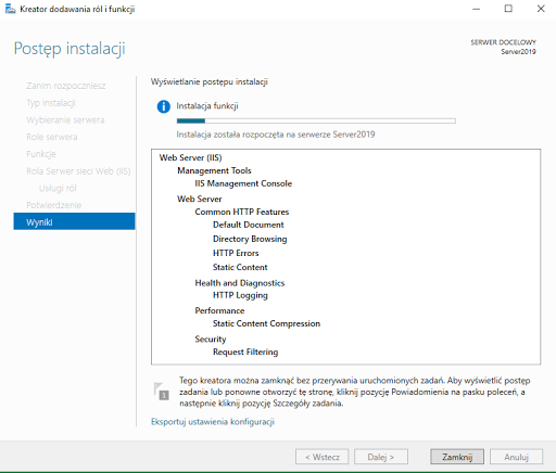 Instalacja roli serwera WWW w Windows Server 2019