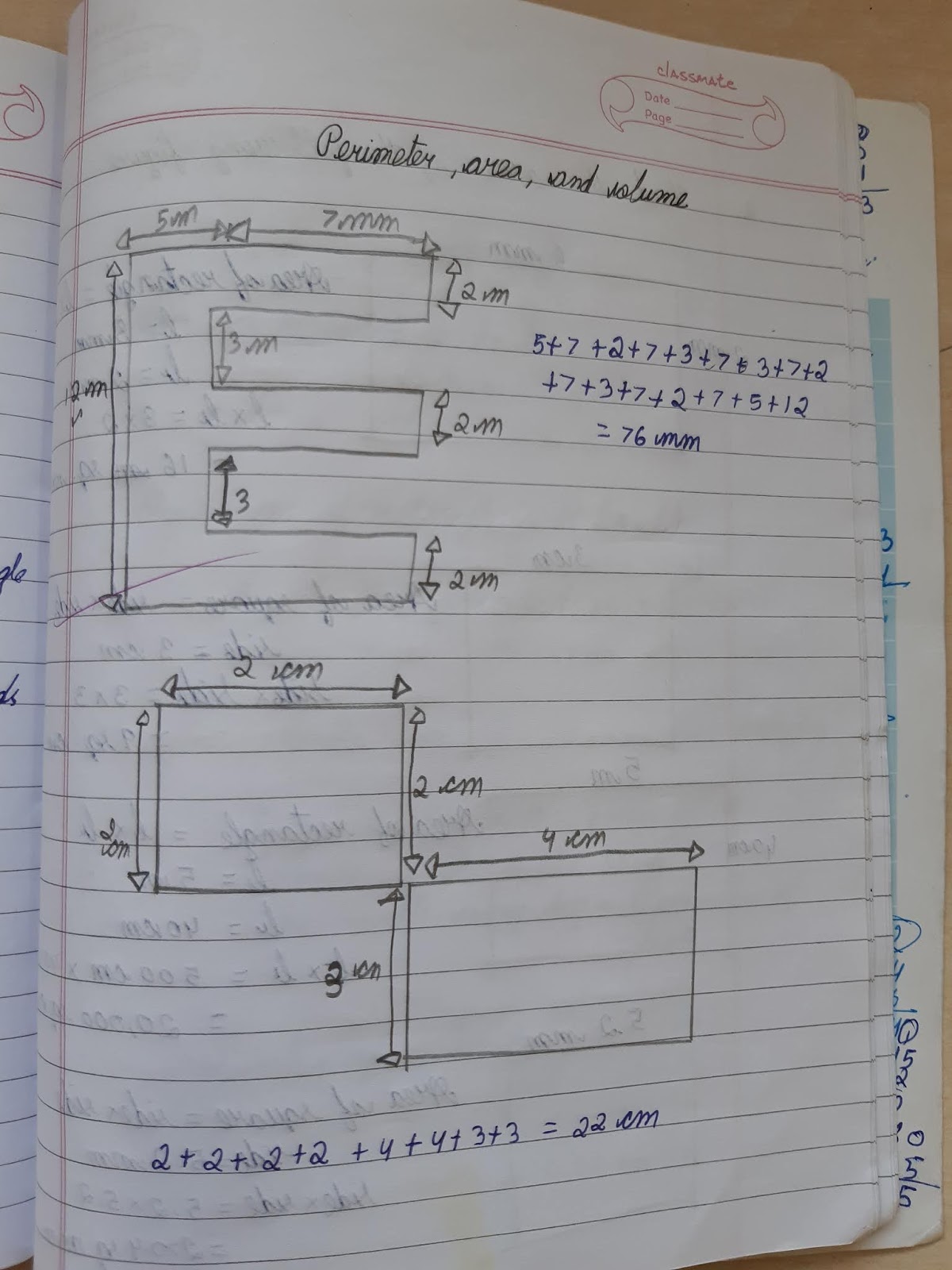 Math chapter of perimeter,area and volume notebook
