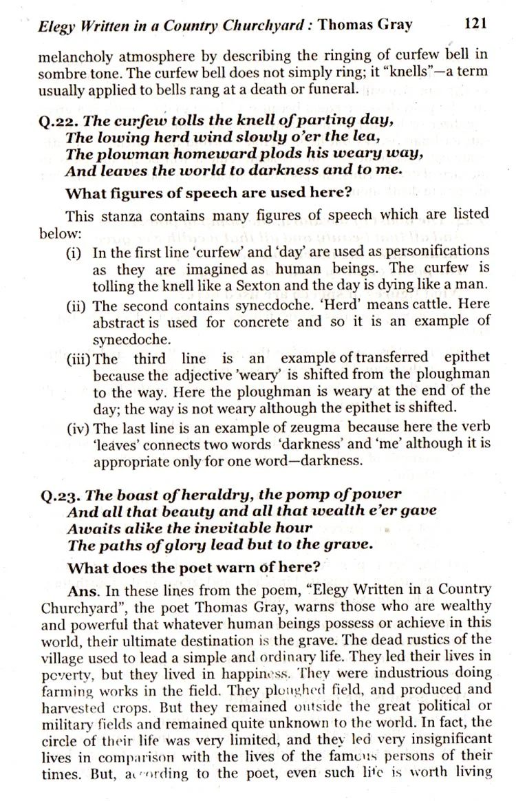 Short Questions with Answers (Elegy written in a country churchyard ...