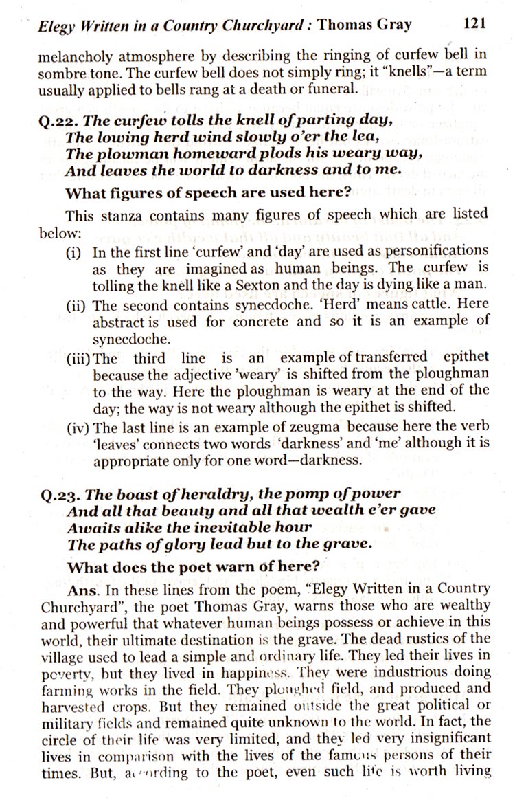 Short Questions with Answers (Elegy written in a country churchyard ...