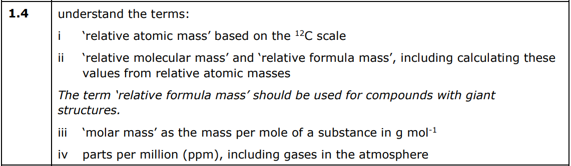 1.4: Understand the terms: (i) ‘relative atomic mass’ based on the 12C ...