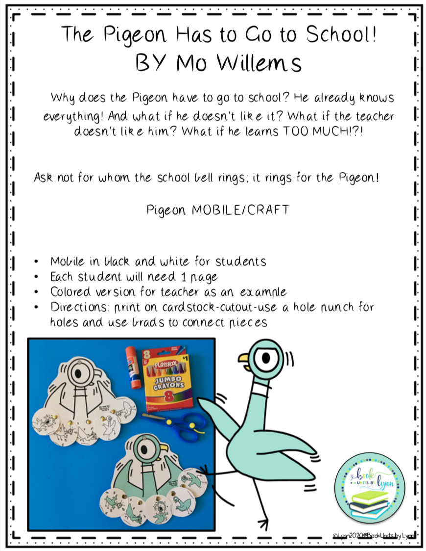 THE PIGEON HAS TO GO TO SCHOOL! MOBILES/CRAFT ~ Book Units by Lynn
