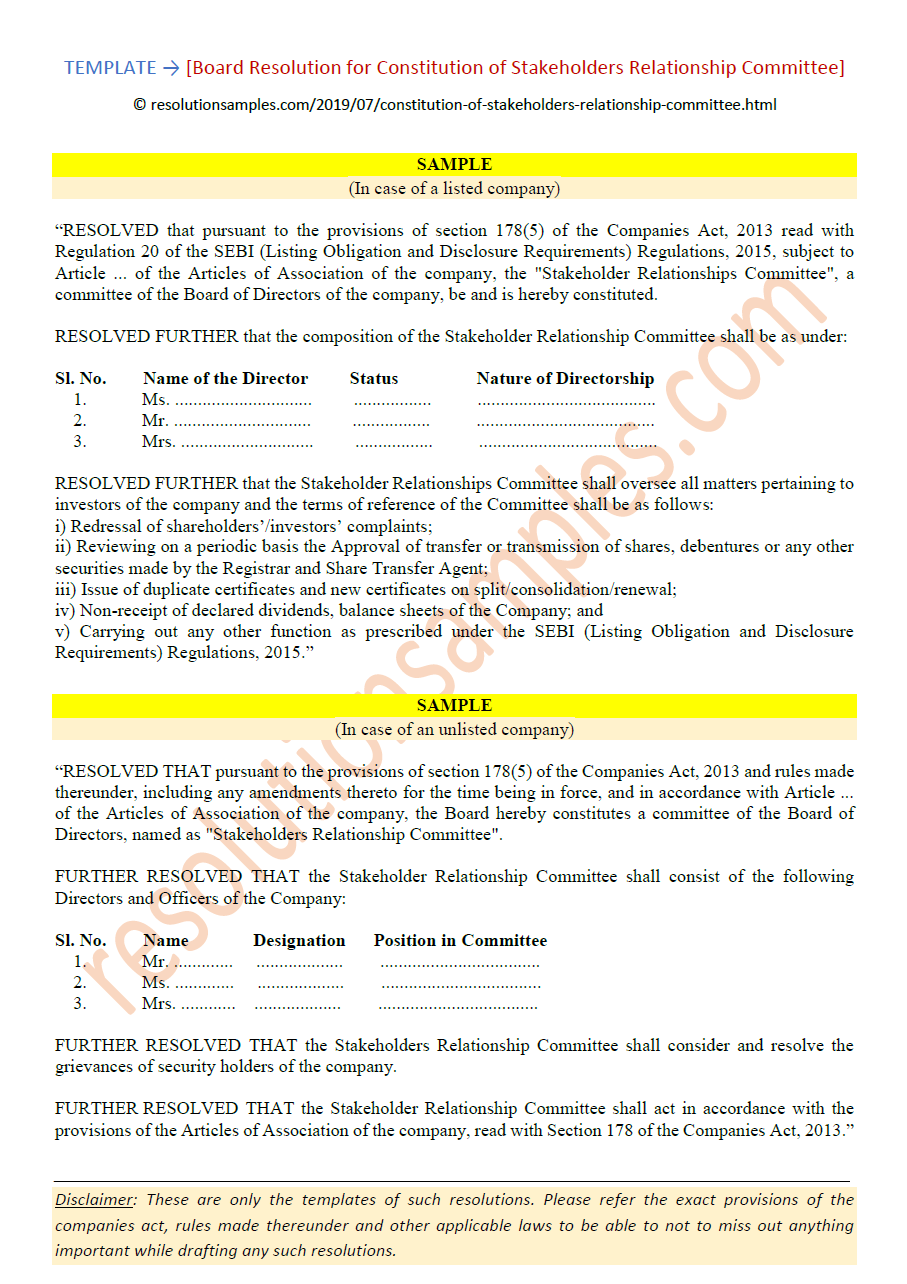 Resolution Constitution of Stakeholders Relationship Committee