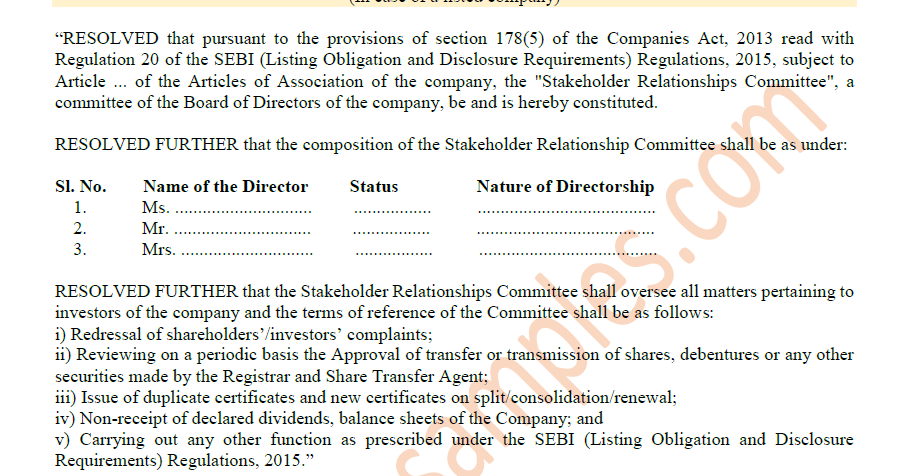 Resolution Constitution of Stakeholders Relationship Committee