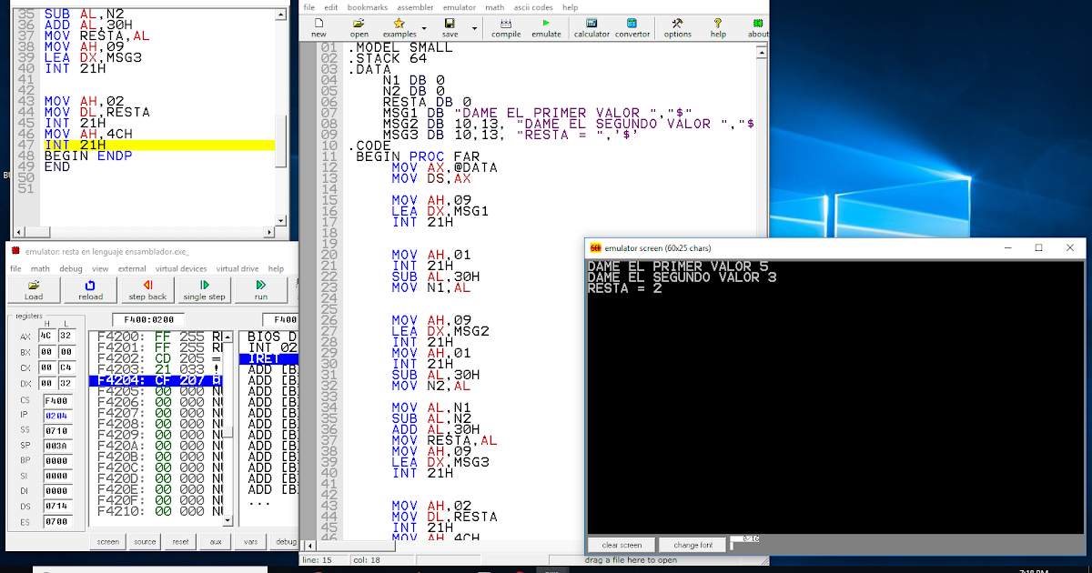 LENGUAJES DE INTERFAZ: Suma y resta en emu8086