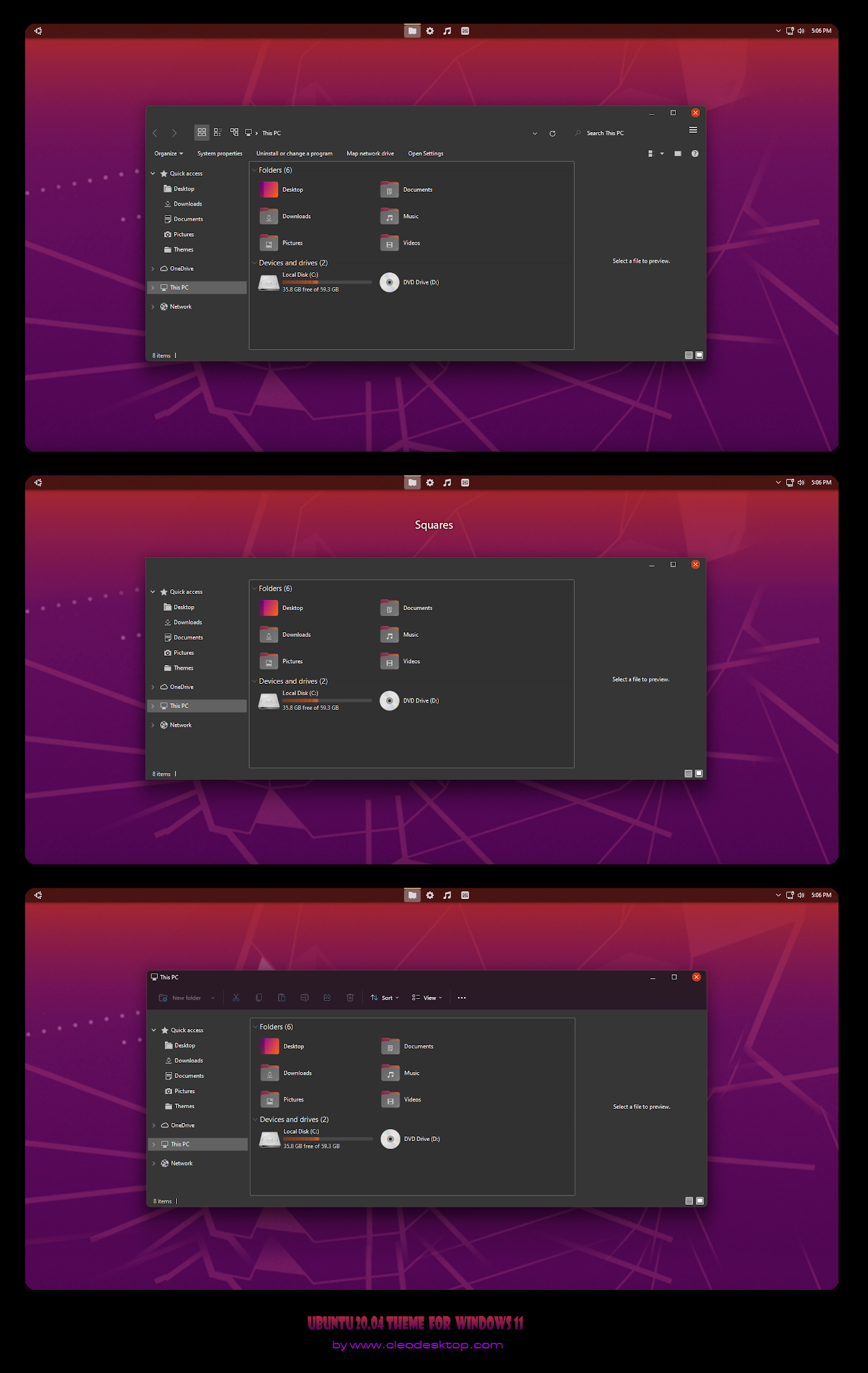 Ubuntu Dark 20.04 Round And Squares Theme For Windows 11 | lenxp