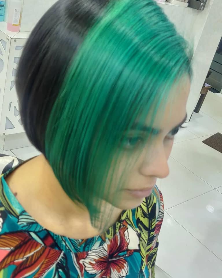 Bob cut with new trend hair color | Green hair color - Village Barber ...