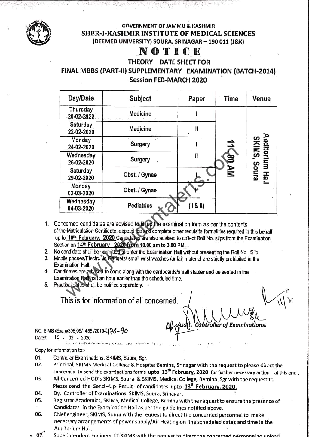 SKIMS FINAL MBBS (PART-II) SUPPLEMENTARY EXAMINATION (BATCH -2014 ...